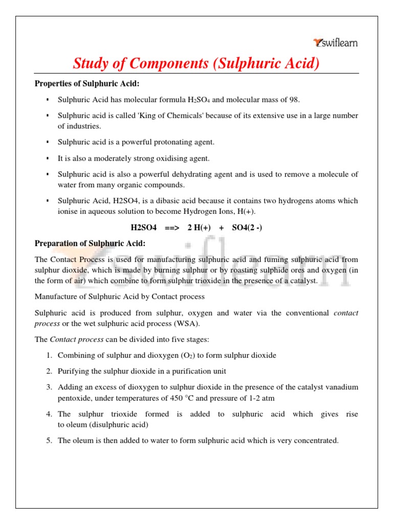 Study of Components Sulphuric Acid | PDF | Sulfuric Acid | Sulfur