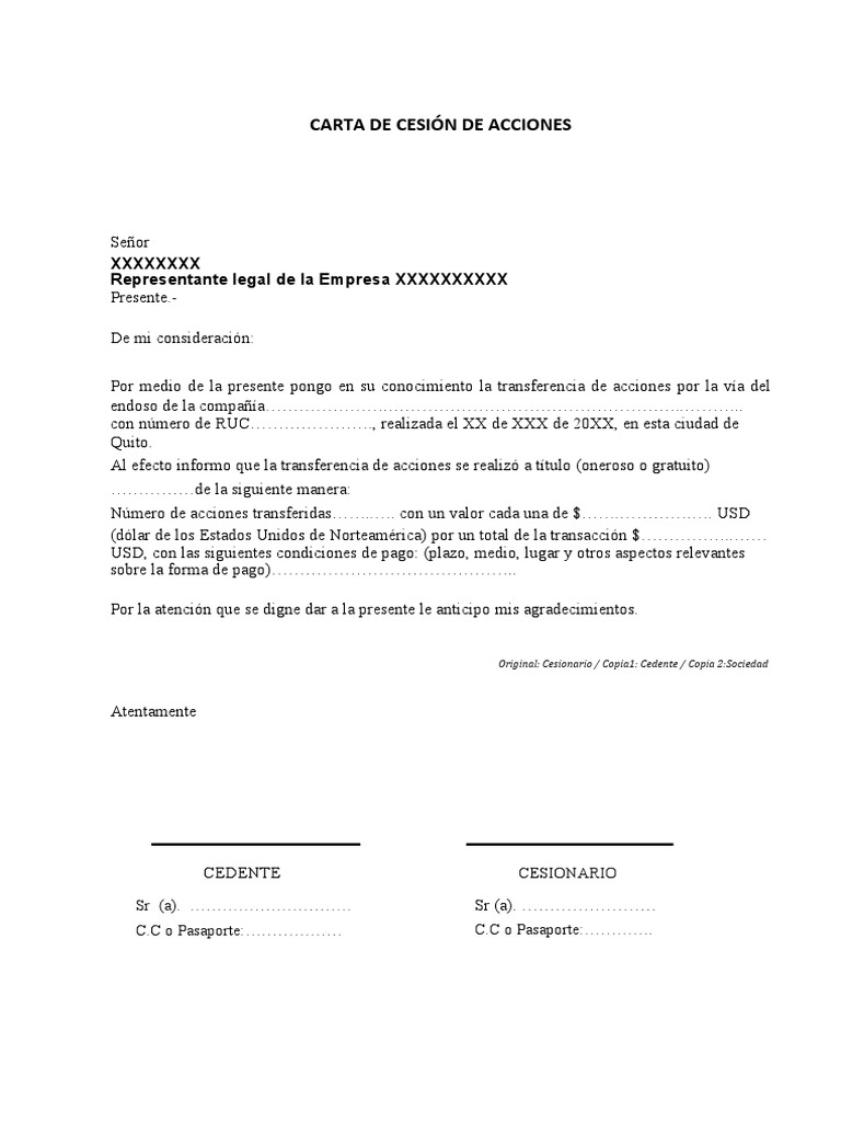 Carta de Cesion de Acciones | PDF Carta de Cesion de Acciones | PDF