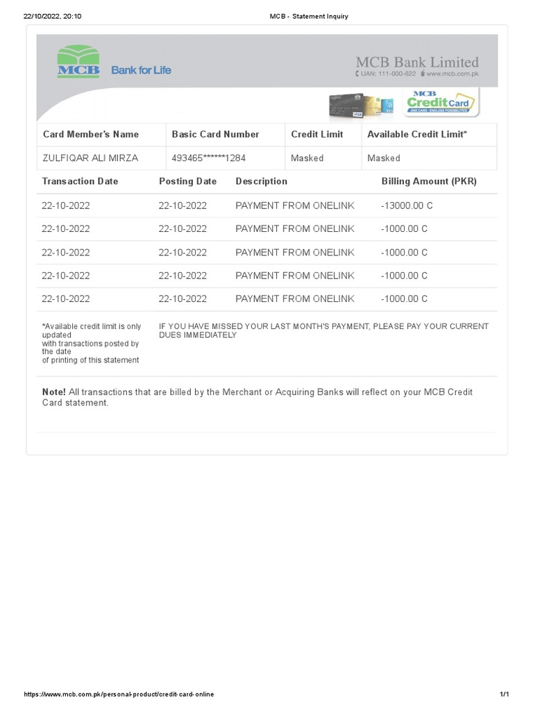 MCB Credit Card Statement Overview | PDF