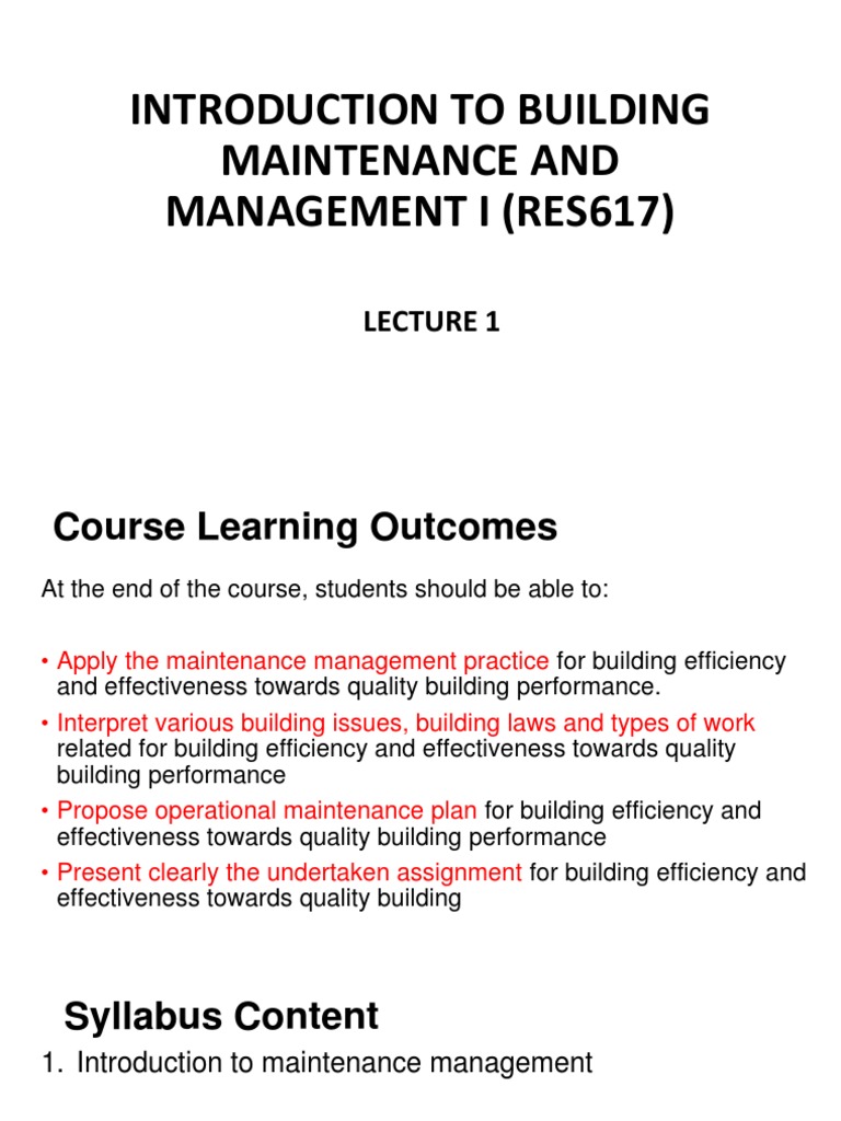 LESSON 1 0 2 INTRODUCTION TO BUILDING MAINTENANCE MANAGEMENT | PDF ...