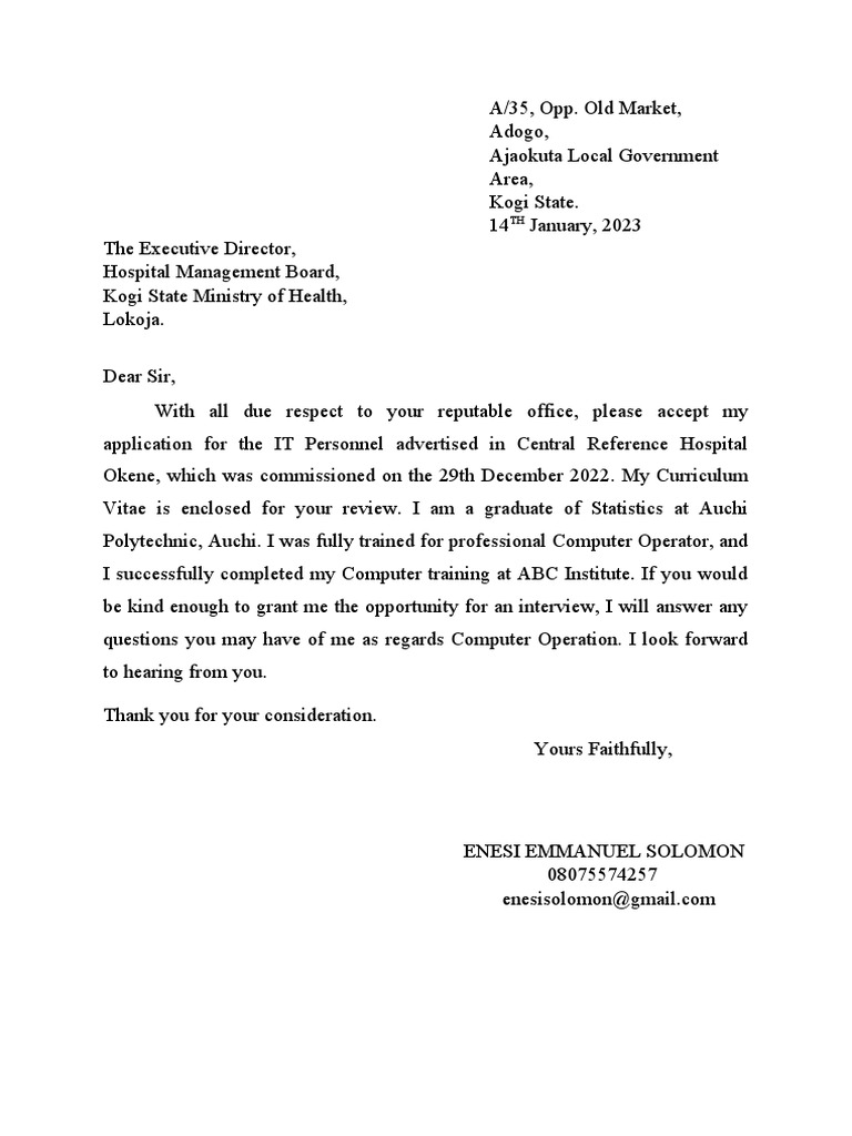 Cover Letter Enesi Emmanuel Solomon | PDF