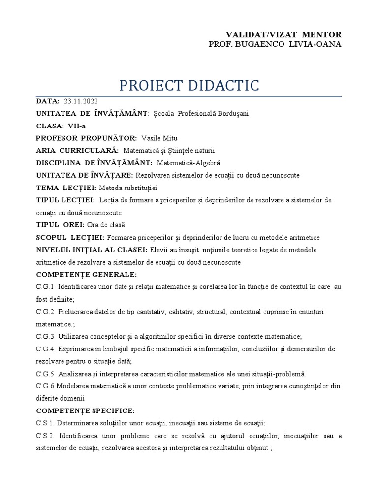 Proiect Didactic CLASA A VII-a | PDF