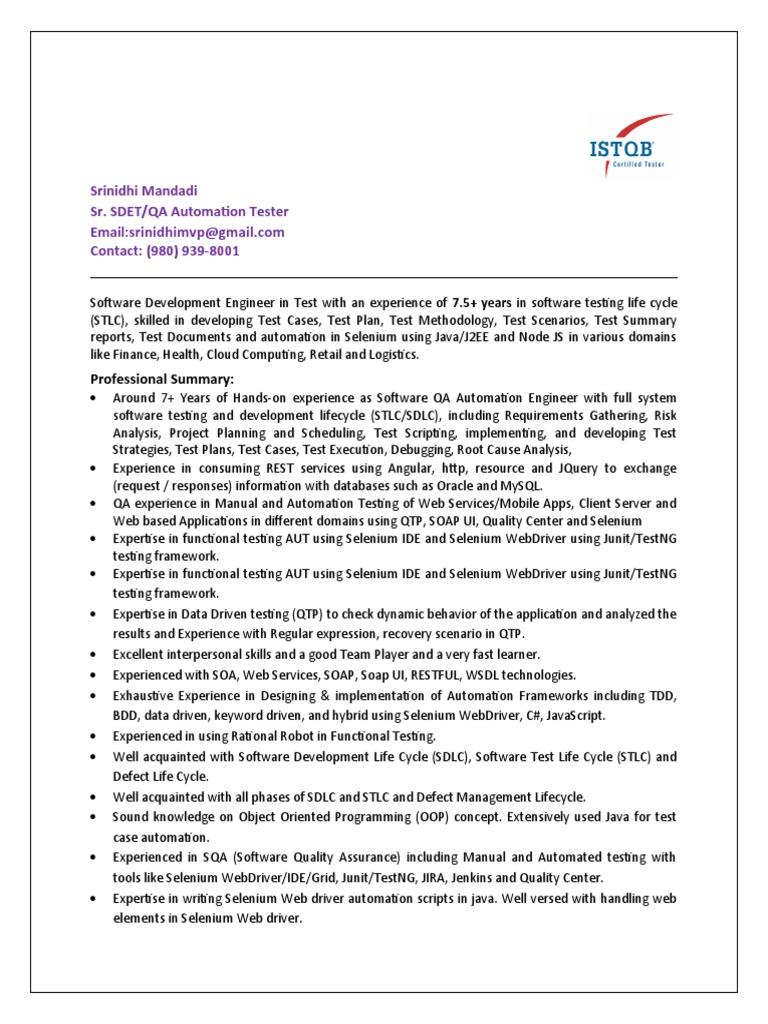 QA Automation Tester resume | PDF | Selenium (Software) | Software Testing