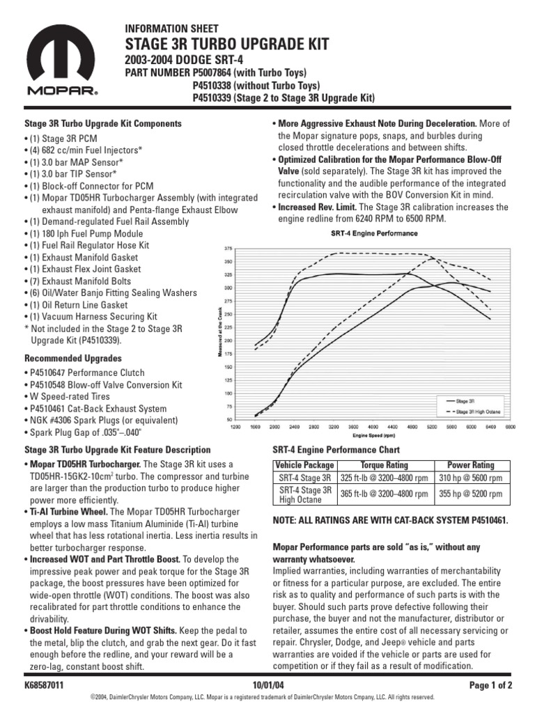 2003-2004 SRT-4 Stage 3R Turbo I Sheet | PDF | Turbocharger | Throttle