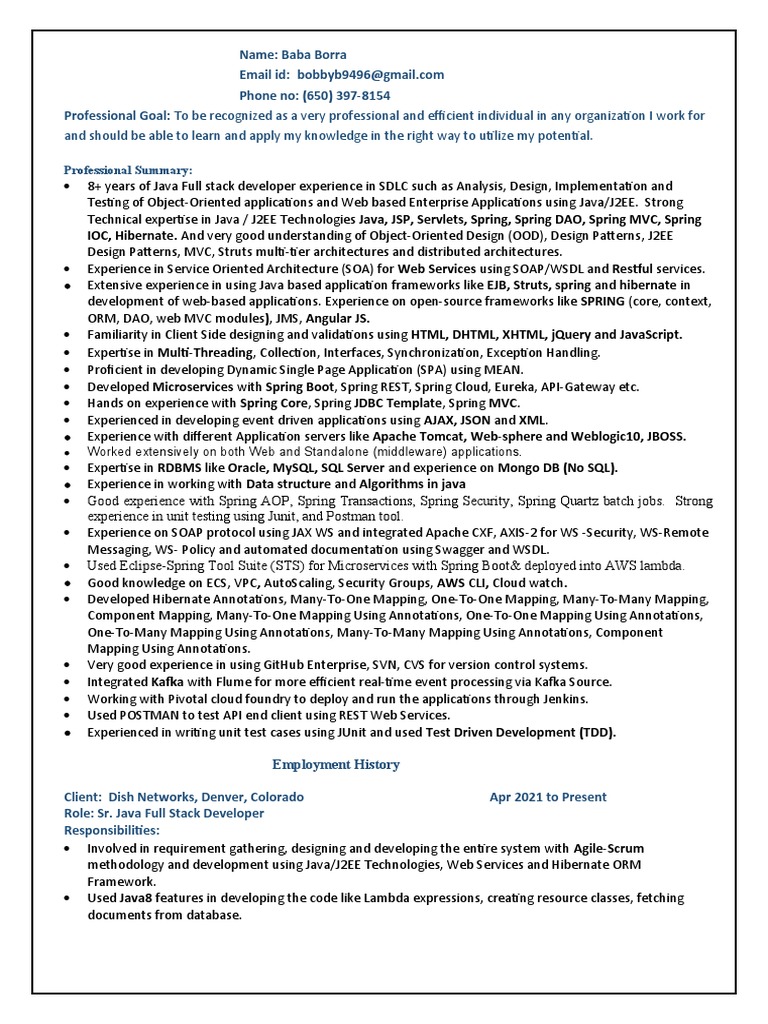 Java Full Stack Developer Profile | PDF | Spring Framework | Angular Js