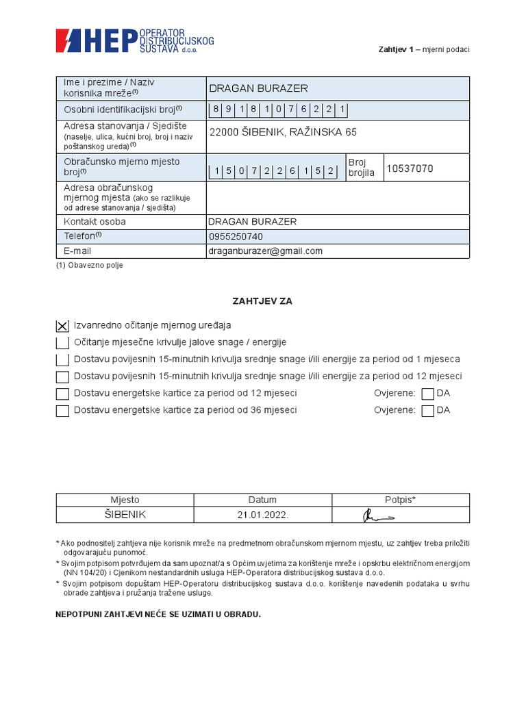 HEP Obrasci Zahtjev 1 Mjerni Podaci | PDF