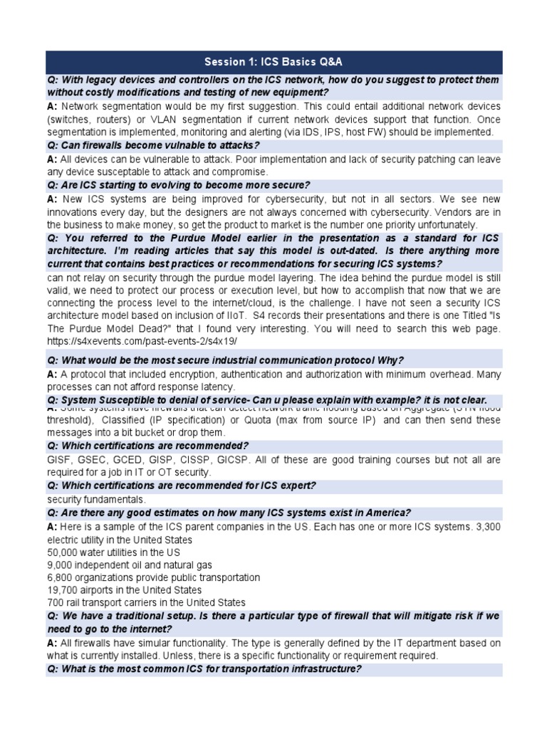 Session 1 ICS Basics - Q and A | PDF | Security | Computer Security