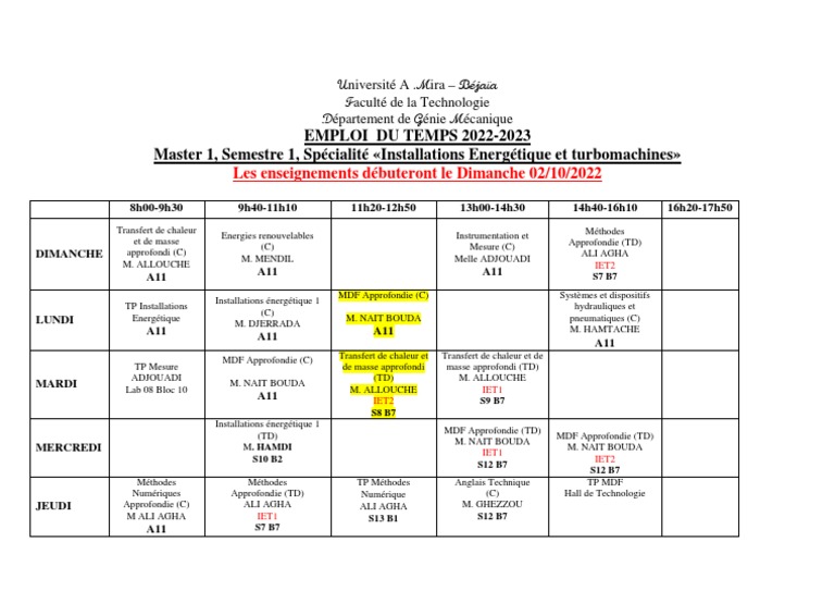 Emploi Du Temps S1-M1-IET-22-23 Actualisé | PDF