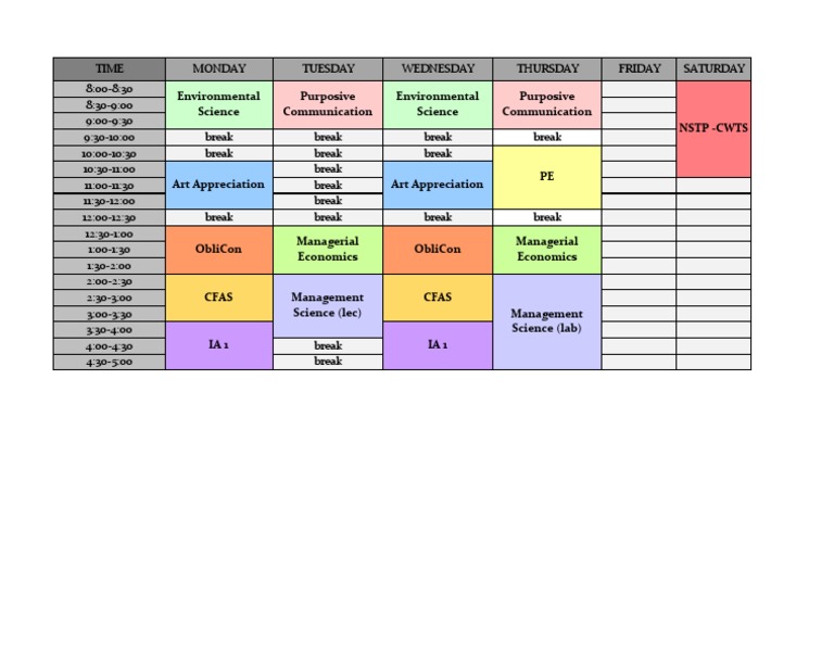 Weekly Class Schedule Overview | PDF