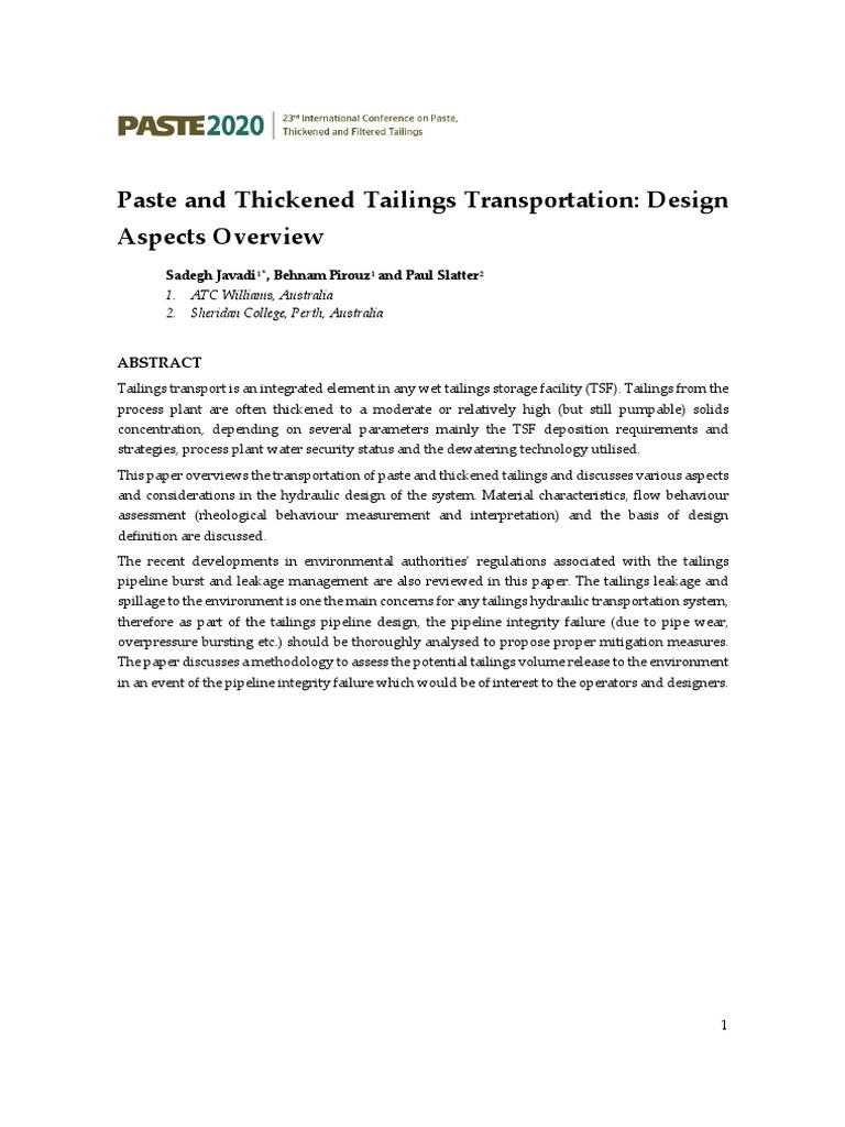 Paste and Thickened Tailings Transportation Design | PDF | Coefficient ...