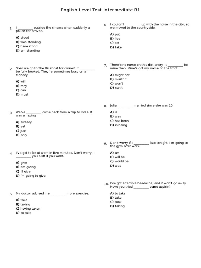 English Level Test B1: Grammar Quiz | PDF