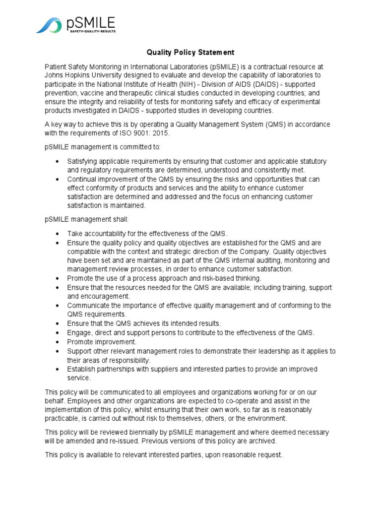 ISO 9001 Quality Policy for pSMILE | PDF | Quality Management System ...