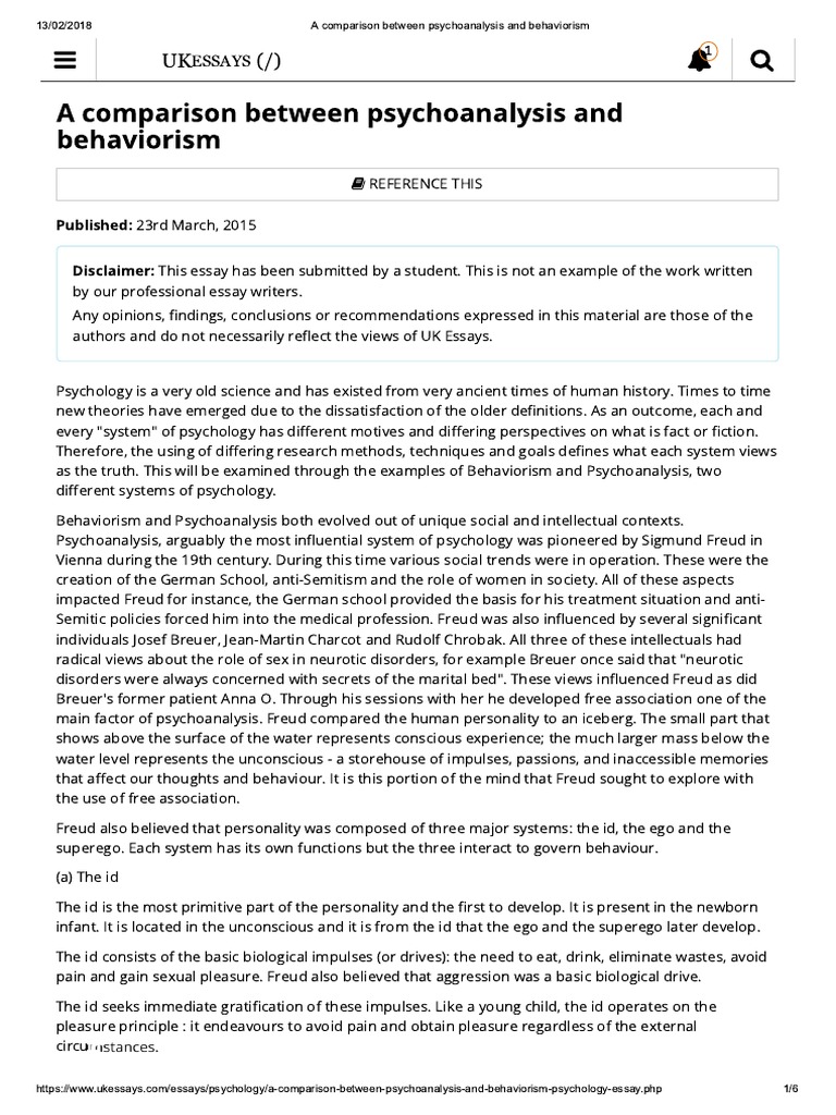 A Comparison Between Psychoanalysis and Behaviorism | PDF