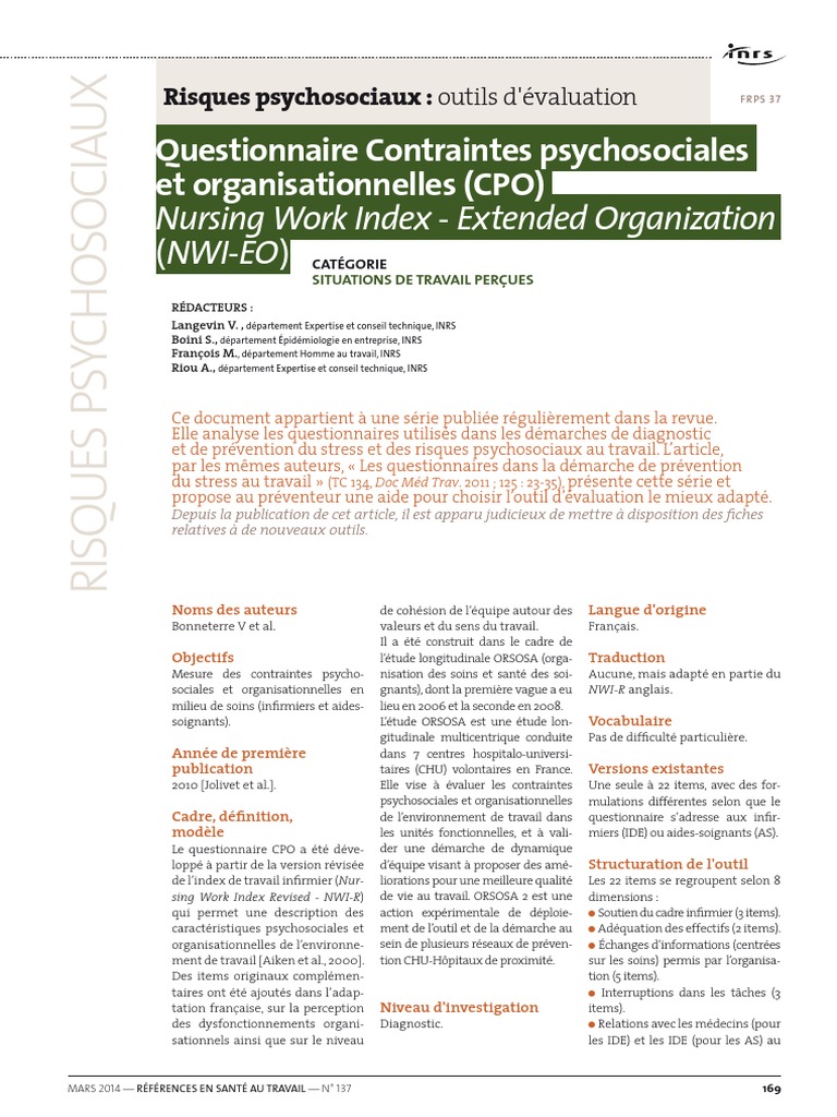 Évaluation des Risques Psychosociaux au Travail | PDF | Psychométrie | Sciences de la santé