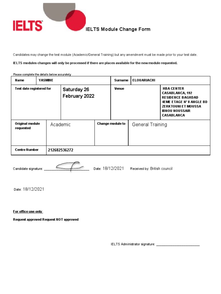 IELTS Module Change Form Request | PDF