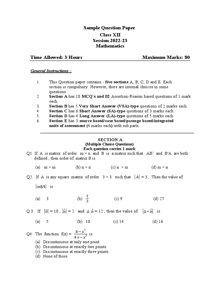 Sample Paper 1 | PDF | Matrix (Mathematics) | Angle