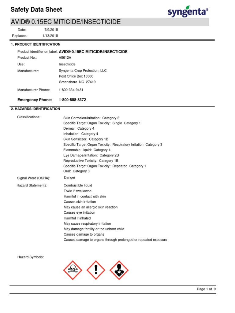 Avid Miticide SDS | PDF