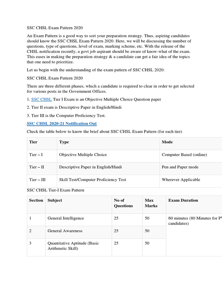 SSC CHSL Exam Pattern 2020 | Download Free PDF | Test (Assessment ...