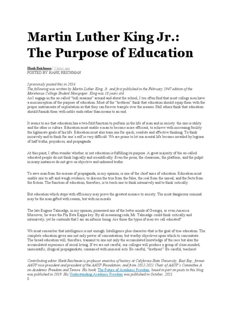 Martin Luther King, The Purpose of Education | PDF