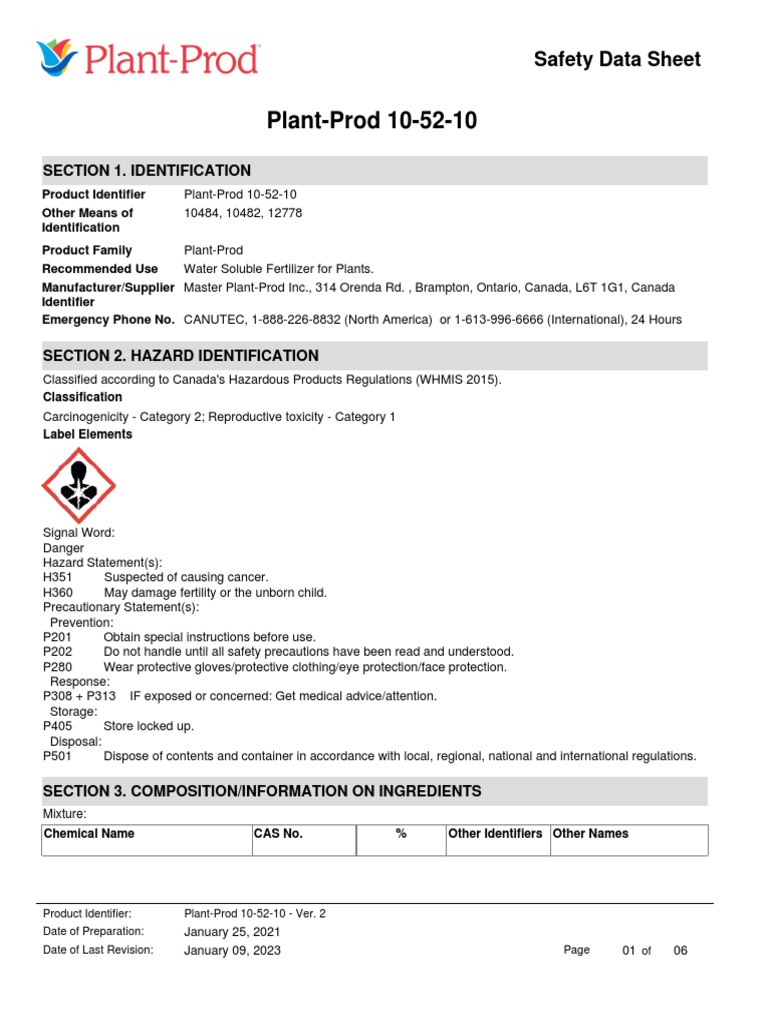 Plant Prod 10-52-10 Sds | PDF | Personal Protective Equipment | Toxicity