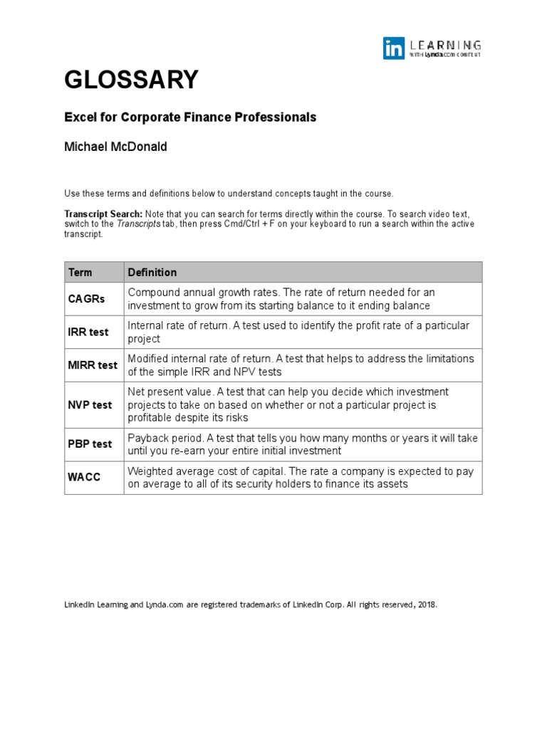 Glossary Excel For Corporate Finance Professionals | PDF