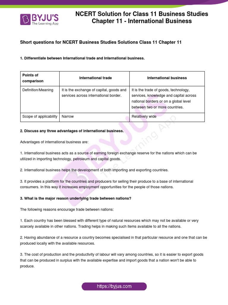 Ncert Sol Class 11 Business Studies Chapter 11 | PDF | World Trade ...