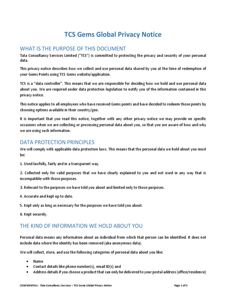 TCS Gems Global Privacy Notice: What Is The Purpose of This Document | PDF