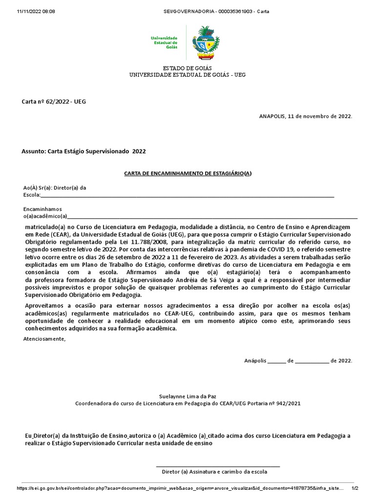 Carta de Estágio 2022 - UEG em Rede | PDF | Pedagogia