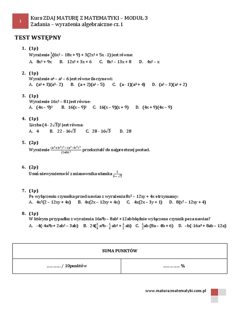 Wyrazenia Algebraiczne cz.1 Zadania | PDF