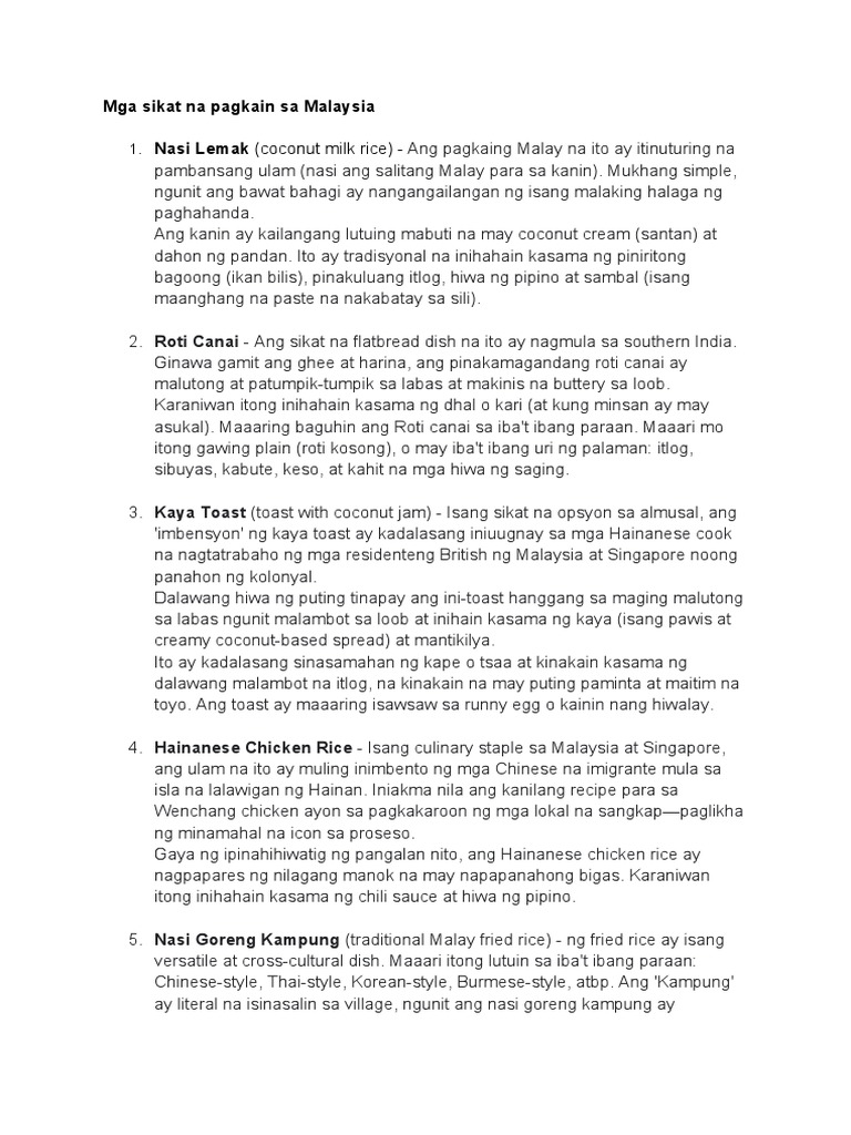 Mga Sikat Na Pagkain Sa Malaysia | PDF
