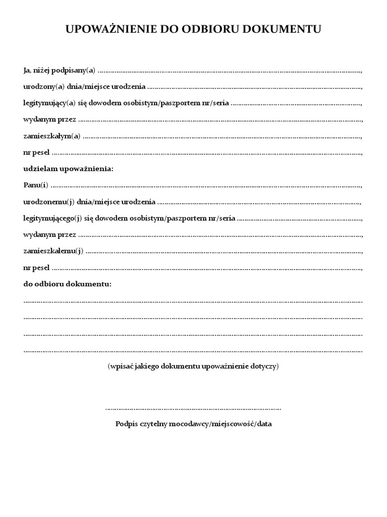 Upowaznienie Do Odbioru Dokumentu | PDF