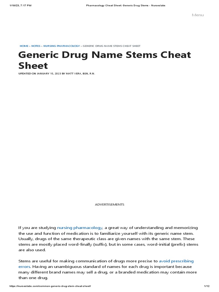 Pharmacology Cheat Sheet - Generic Drug Stems - Nurseslabs | PDF ...