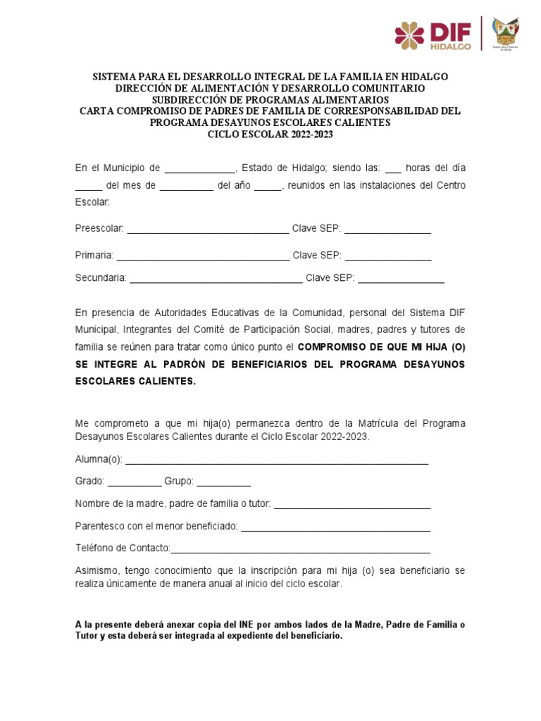 Formato Carta Compromiso para Padres de Familia - 22 | PDF