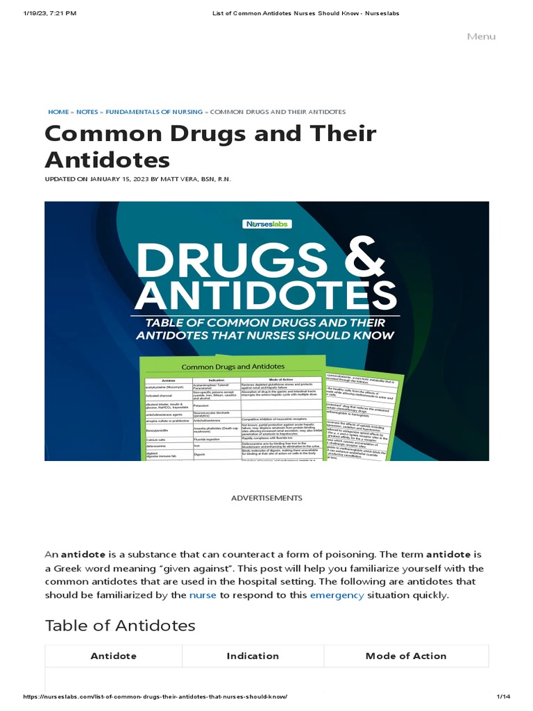 List of Common Antidotes Nurses Should Know - Nurseslabs | PDF ...