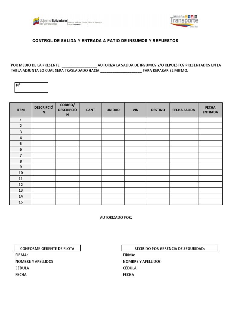 Control de Salida y Entrada A Patio de Insumos y Repuestos | PDF