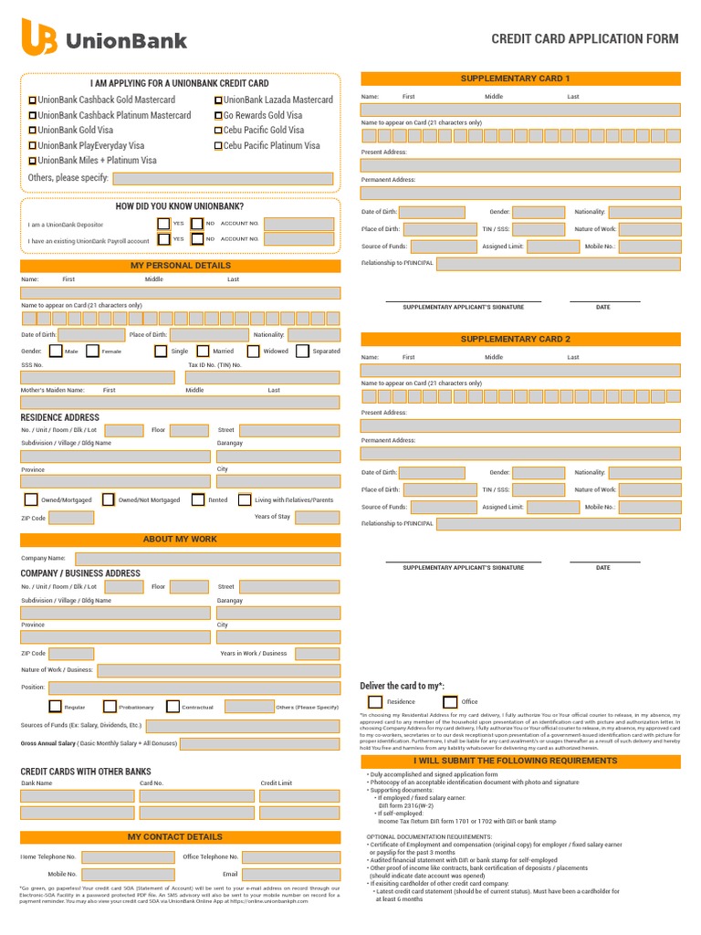 UnionBank Credit Card Application Form | PDF