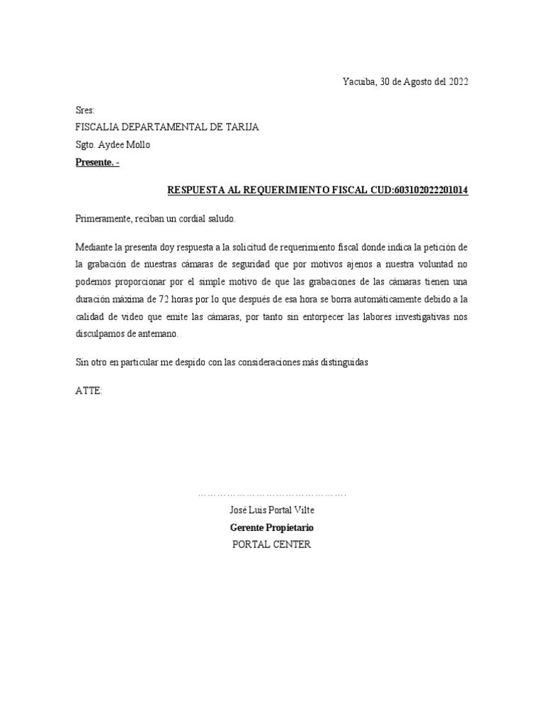 Carta Repuesta Requerimiento Fiscal | PDF