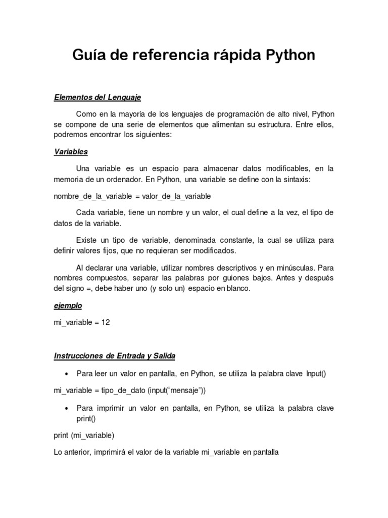 Guía de Referencia Rápida Python | PDF | Python (lenguaje de ...