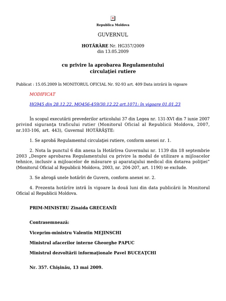 Cu Privire La Aprobarea Regulamentului Circulaţiei Rutiere: Guvernul | PDF