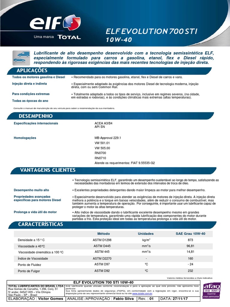 Ficha Tecnica - Elf 10w-40 | PDF | Diesel | Motores