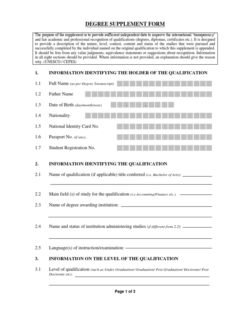 Degree Supplement Form: Providing Transparency and Recognition of Qualification Credentials ...