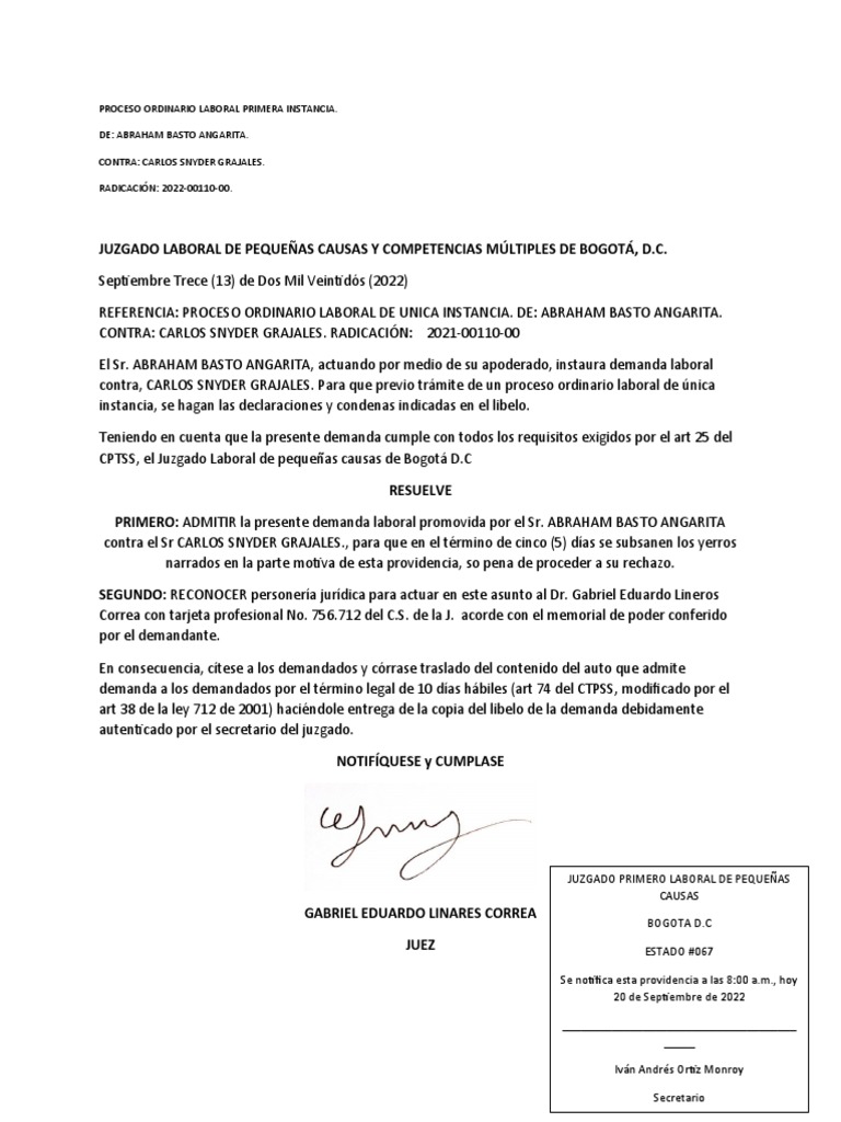 Auto Admisorio de La Demanda - Gabriel Eduardo Lineros - Codigo 0603757 ...