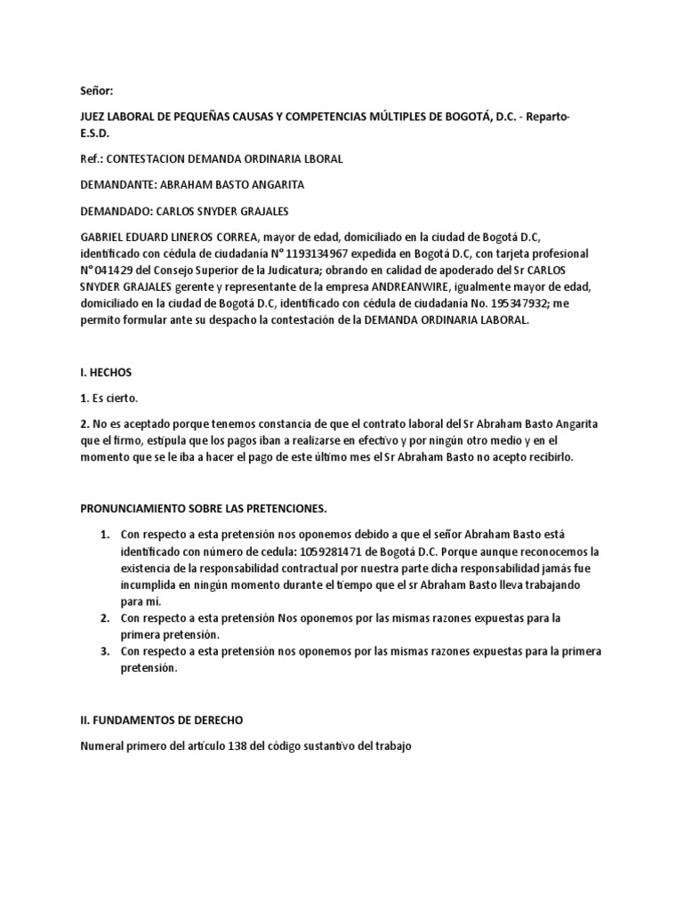 Contestacion de Mi Demanda Laboral - Gabriel Eduardo Lineros - Codigo ...
