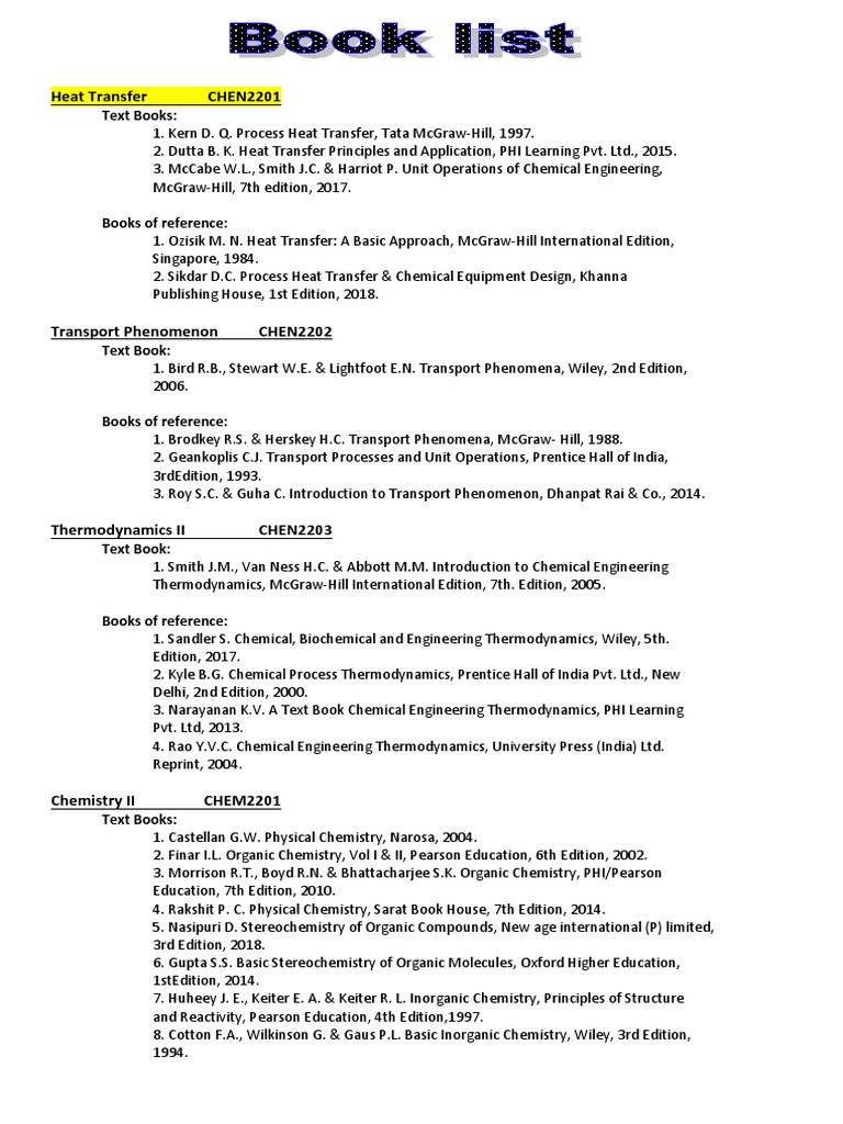 Recommended Textbooks and Reference Books for Core Courses in Chemical ...
