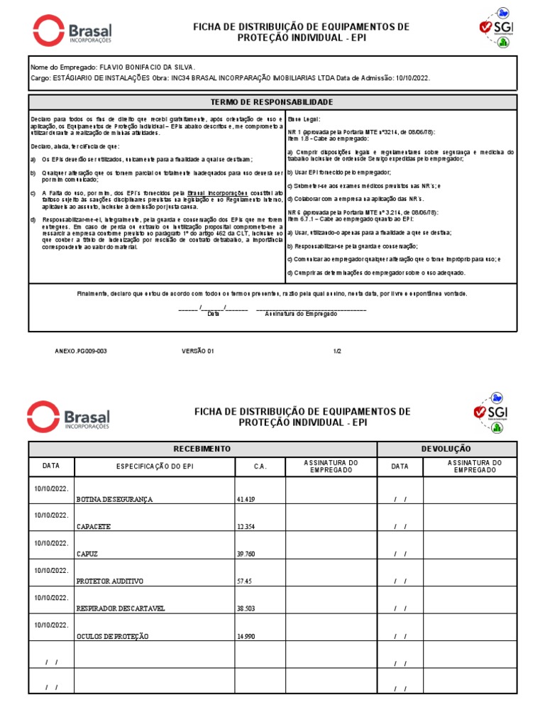 Ficha de Distribuicao de Equipamento de Protecao Individual Epi#1 | PDF ...