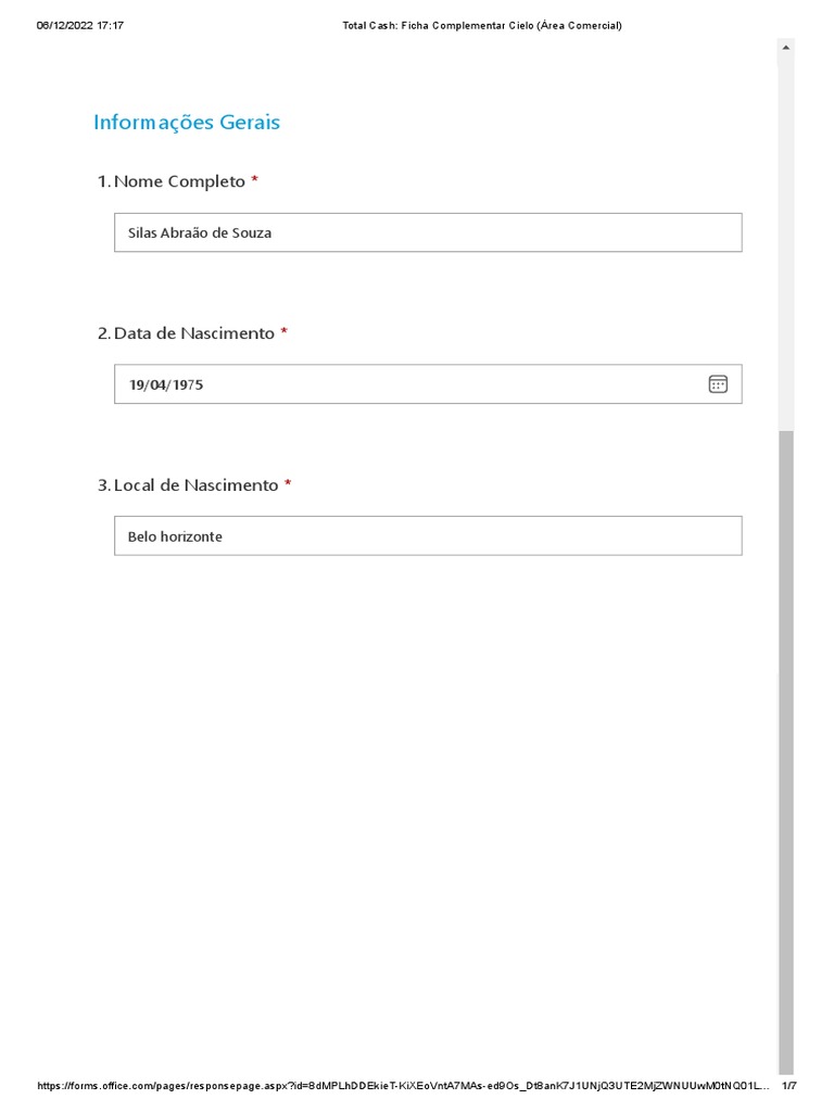 Total Cash - Ficha Complementar Cielo (Área Comercial) | PDF