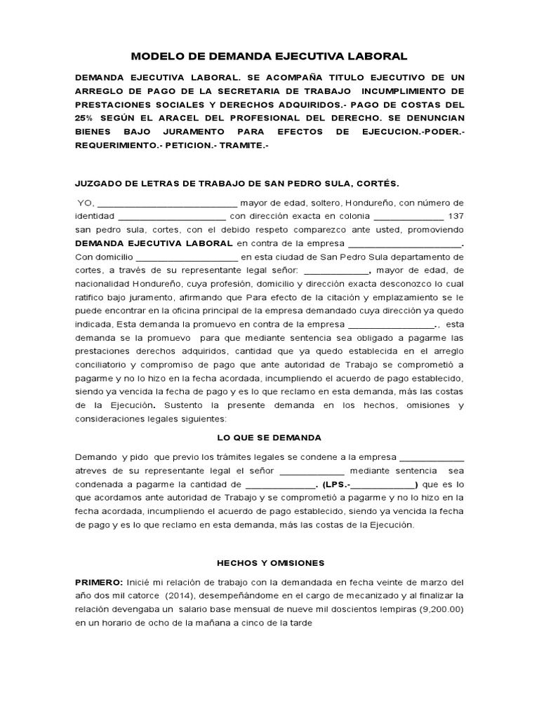 MODELO DE DEMANDA EJECUTIVA LABORAL Clase Laboral | PDF | Demanda ...
