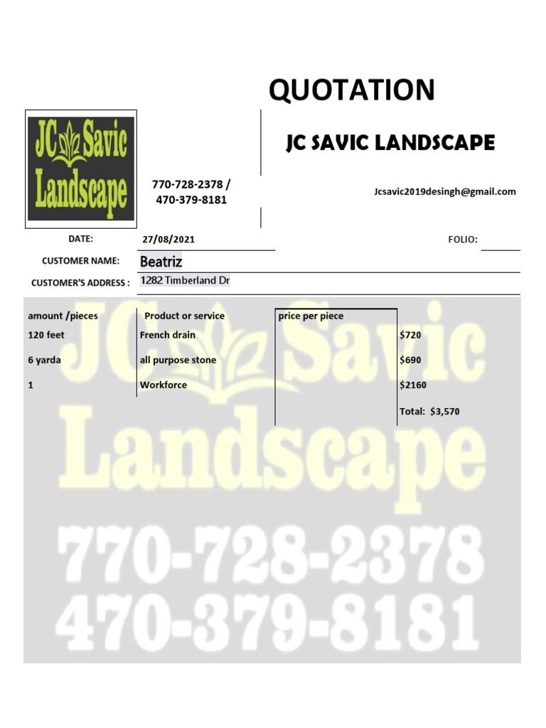 Landscape design quote for French drain and stone work | PDF