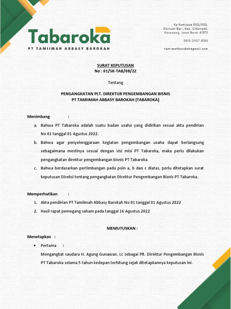 01 SK TAB 08 2022 Pengangkatan Pejabat PLT Direktur Pengembangan Bisnis | PDF | Hukum