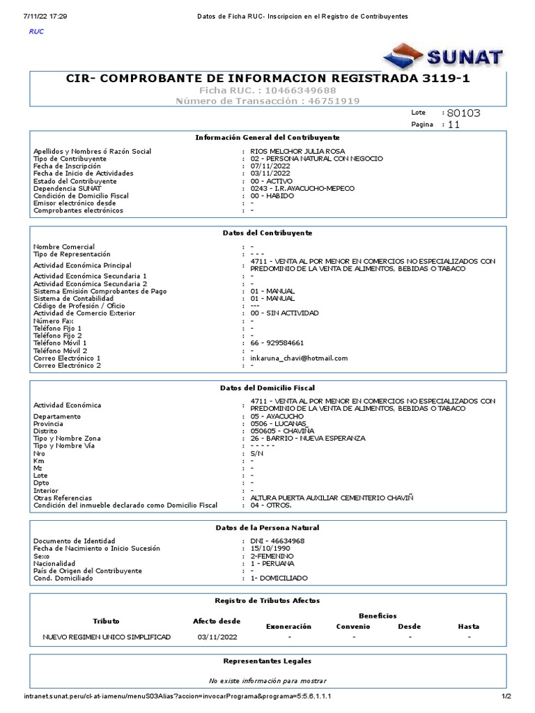 Cir-Comprobante de Informacion Registrada 3119-1: Ficha RUC ...